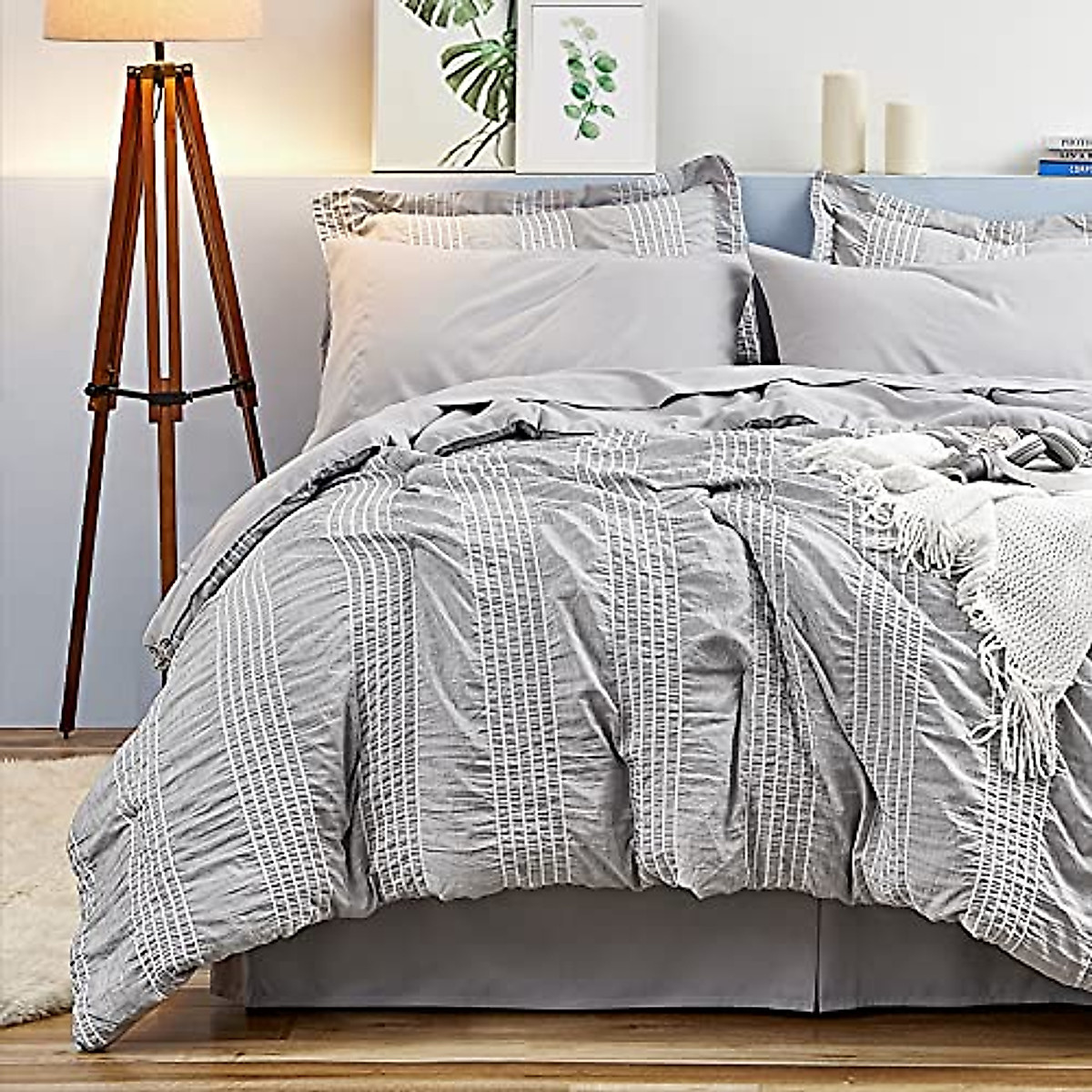 Bedsure Twin Bed in A Bag - Twin Comforter Sets 6 Piece Stripes Seersucker Bedding Set, Soft Lightweight Down Alternative Comforter Twin Bed Set(Grey 68x88 inch)