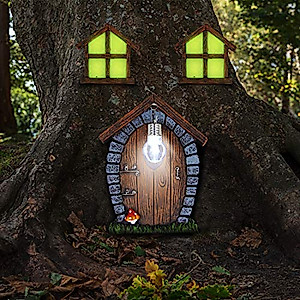 Juegoal Fairy Gnome Home Miniature Window and Door with Litter lamp for Trees Decoration, Glow in Dark Fairies Sleeping Door and Windows, Yard Art Garden Sculpture, Lawn Ornament Décor