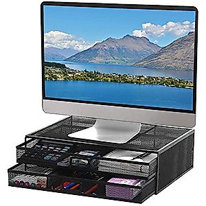 YCOCO Monitor Stand Riser,Metal Mesh Monitor Riser Desktop Stand with 2 Storage Drawers,Multi-Purpose Desktop Storage Stand for Computer,Laptop,Printer,Black