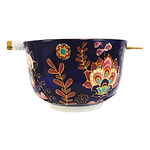 Ebros Midnight Purple Mandala Purple Floral Blossoms Ramen Udon Noodles Large 6.25"D Soup Bowl With Bamboo Chopsticks And Built In Rest Set for Asian Dining Rice Meal Bowls Decor Kitchen