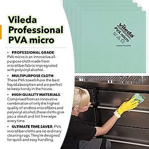 Vileda Professional | PVA Microfiber Green | All Purpose Cleaning Shammy | Shiny Streak Free Results | Synthetic Chamois Towel | Smooth & Absorbent Materials | 5 Pack