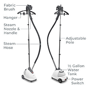 Pure Enrichment® PureSteam™ XL Standing Steamer with Garment Hanger - Heats in 45 Seconds with 0.5-Gallon Water Tank for 1 Hour Continuous Steaming - Includes Fabric Brush and Easy-roll Wheels