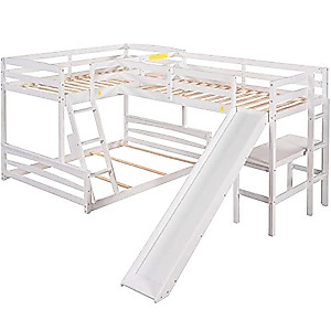 Merax Wood L-Shaped Bunk Bed with a Loft Attached, Triple Bedframe with Desk, Slide, and Guardrails, Twin Over Full, White