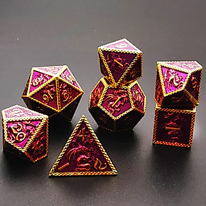 MJDICEOK Metal Dragon DND Dice Set 7 Role Playing Dice D&D Solid Dice Golden Purple