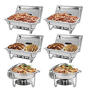 Restlrious Chafing Dish Buffet Set 6 Pks, Stainless Steel 5QT Round & 8QT Rectangle Foldable Chafers & Buffet Warmers Set, w/Full & Half Size Food Pan, Water Pan, Fuel Holder & Lid for Catering Event