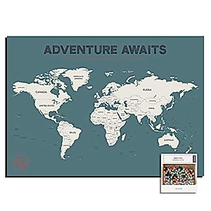 Epic Adventure Maps Push Pin World Map Poster 24" x 17" - World Travel Map Marks Your Adventures Around The World - Multicolored Pushpins Included - Travelers Gift - Traveler Wall Decor