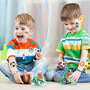 Hungdao 158 Pcs Soccer Party Favors for 18 Kids Includes Mini Bouncy Soccer Keychain Whistle Bracelets Thank You Card Stickers Organza Bag for Soccer Sports Event Classroom Rewards