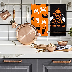 AnyDesign Halloween Kitchen Dish Towels 18 x 28 Inch Happy Halloween Tea Towel Dishcloth Orange Black Web Cat Witch Trick or Treat Drying Cloth Towel Hand Towel for Cooking Baking Bathroom, 4 Pack