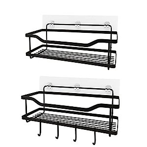 Shower Caddy Basket Shelf with Hooks, 2 Pack No Drilling Adhesive Shower Organizer Wall Mounted Rustproof Bathroom Storage Rack for Bathroom, Lavatory, Washroom, Restroom, Shower, Toilet, Kitchen