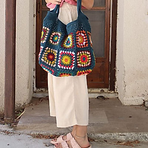 Navy Granny Square Bag Hippie Classic Handmade Crochet Vintage Shoulder Tote Bags For Winter Navy