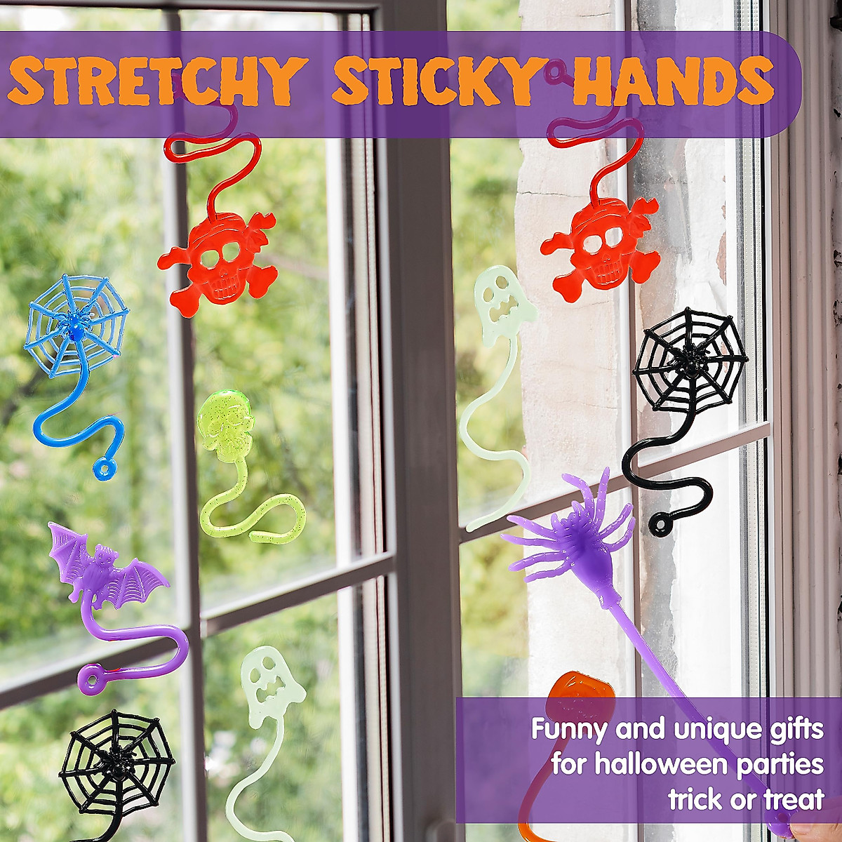 JOYIN 60 PCS Halloween Stretchy Sticky Toys, Slap Sticky Hands s Bulk for Kids Gift, Pumpkin, Ghost, Spider, Skeleton, Party Favors Classroom Game Prizes, Halloween Goodie Bags Stuffers
