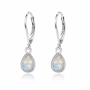 Teardrop Leverback Drop Dangly Safety Earrings, 925 Sterling Silver Opal Jewelry Valentine Gift for Women Girlfriend Daughter with Gift Box
