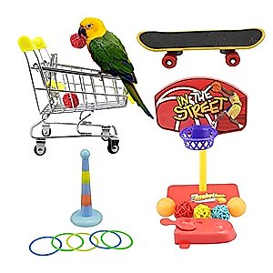 Toysructin Bird Training Toys, Bird Training Toy for Parrots Conures Parakeets, Parrot Intelligence Toy Mini Shopping Cart Basketball Stacking Rings Skateboard Stand Perch Bird Toy Set for Cockatiels