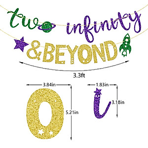 Two Infinity and Beyond Banner, 2 Years Old Banner, Space Themed Birthday Banner, 2nd Birthday Party Decor (Green Gold Purple)