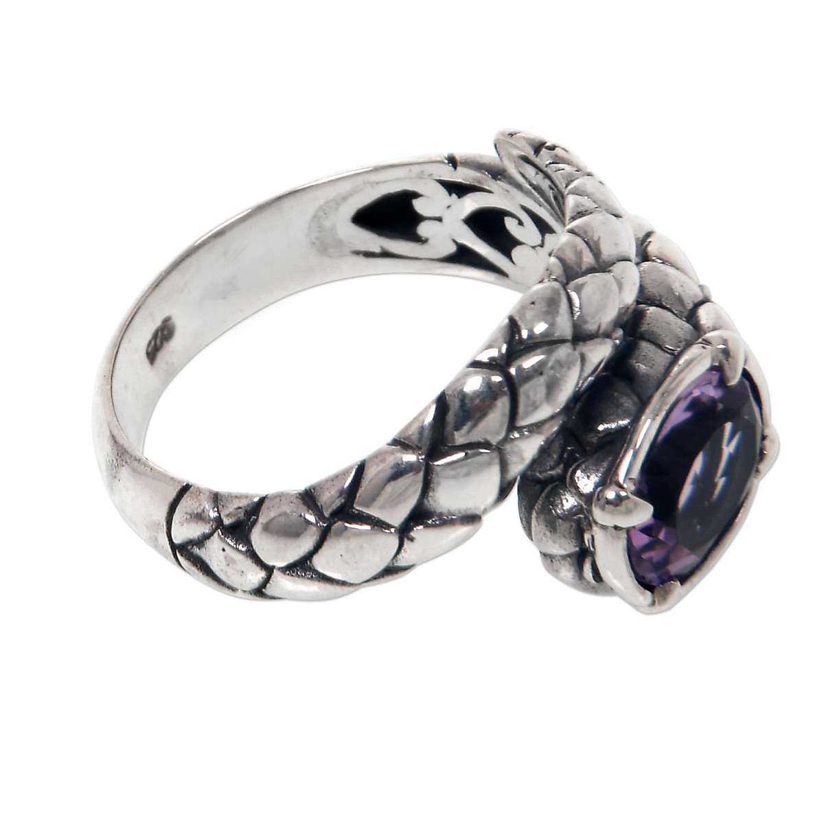 NOVICA Artisan Handmade Amethyst Ring Sterling Silver Cocktail with Snake Motif Purple Single Stone Indonesia Animal Themed Birthstone Halloween [ring Front 0.6 in L x 0.8 in W x 0.2 in D Band Width ]