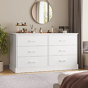 Hasuit White 6 Drawer Double Dresser for Bedroom, Wood Storage Tower Clothes Organizer, Wide Chest of 6 Drawers, Large Storage Cabinet, Dresser with Sturdy Base for Bedroom, Hallway, Entryway