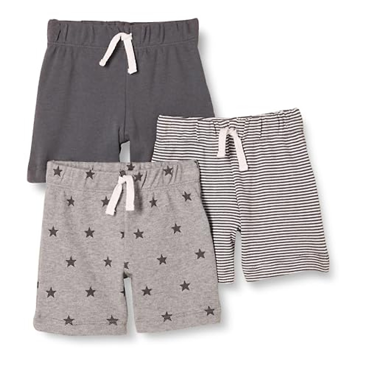 Amazon Essentials Unisex Babies' Cotton Pull-On Shorts, Pack of 3, Black/Grey Heather Stars/White Stripe, 24 Months