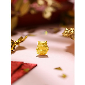 ZHOU LIU FU 24K Solid Gold Bracelet Real Gold Lucky Cat Charm Bracelet Yellow Gold Jewelry Fortune Cat Charm Bracelet for Women Red Bracelets (24K Solid Gold, 17cm /6.69 inch)