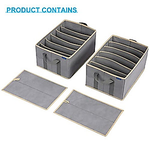 roomtalk Wardrobe Clothes Organizer for Jeans & Pants 6-Grids, Clothes Organizer for Folded Clothes with Double Handles & Label Pocket, 11.8" W x 16.5" D x 7.9" H, 2 Pack Grey.