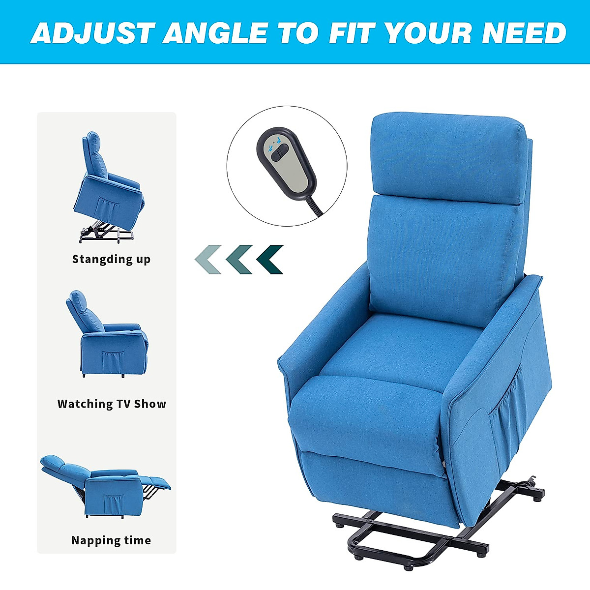 MELLCOM Power Lift Recliner Chair Sofa for Elderly with Massage and Heat, Fabric Electric Massage Recliner with Side Pocket and Wired Remote Control, Linen Blue