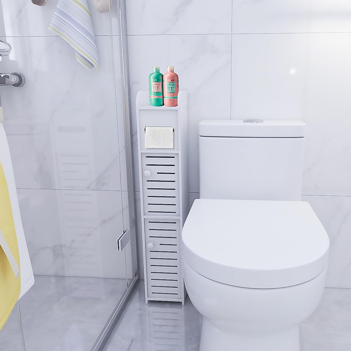 Sworae Small Bathroom Storage Cabinet for Small Spaces, Over The Toilet Storage Cabinet for Skinny Bathroom Floor, Slim Toilet Paper Storage Cabinet with Double Doors & Shelves - White