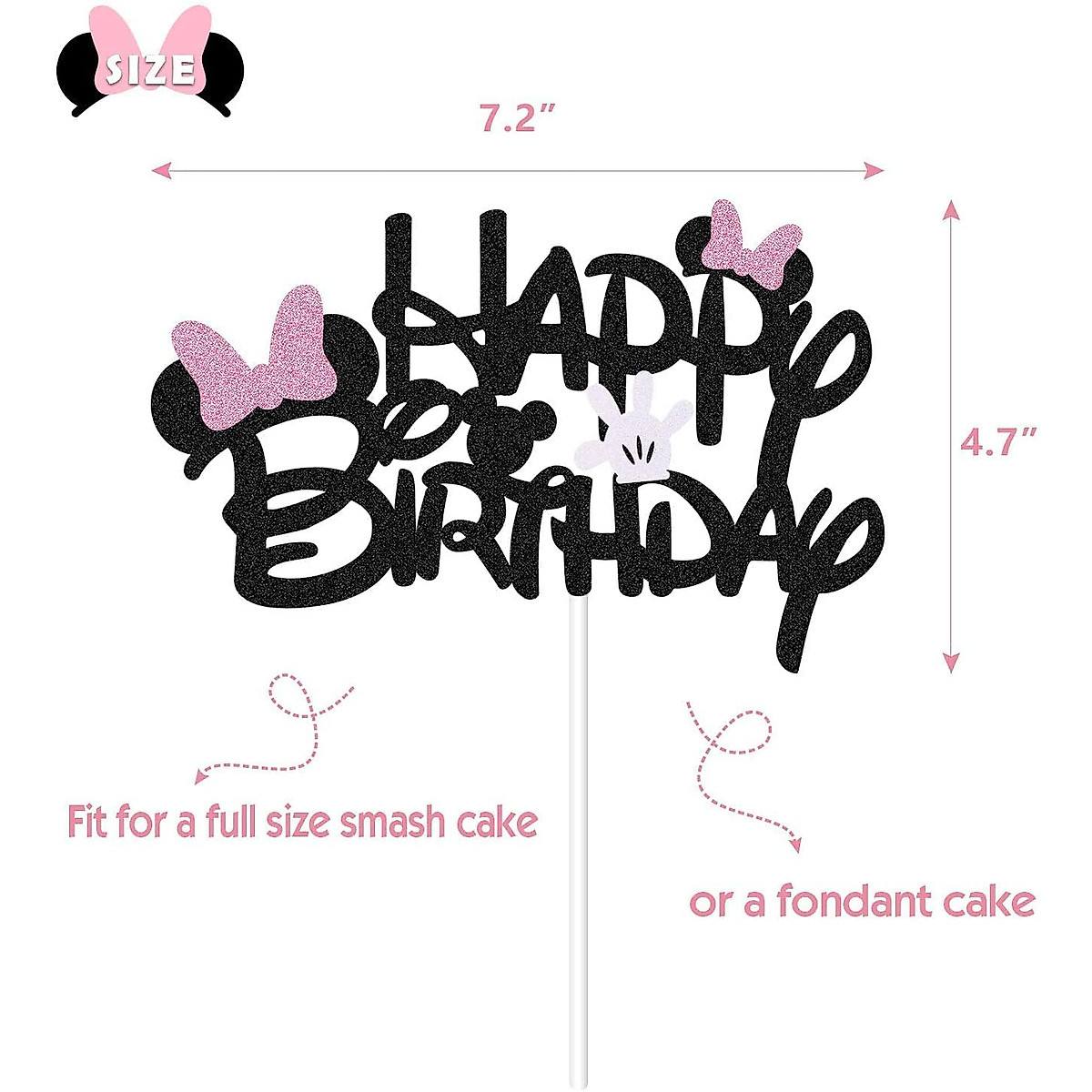 Black Glitter Minnie Inspired Happy Birthday Cake Topper with Pink Bows and White Gloves Girls Birthday Party Decorations Supplies