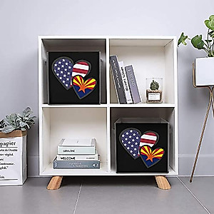 Interlocking Hearts American Arizona State Flag PU Leather Collapsible Storage Bins Canvas Cube Organizer Basket with Handles