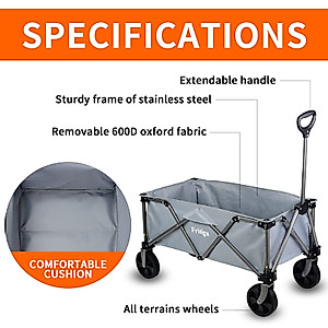 FRITIGA Collapsible Wagon Cart, Folding Beach Wagon for Sand, Heavy Duty Foldable Utility Shopping Cart with All-Terrain Wheels, Outdoor Garden Portable Grocery Cart (Grey)