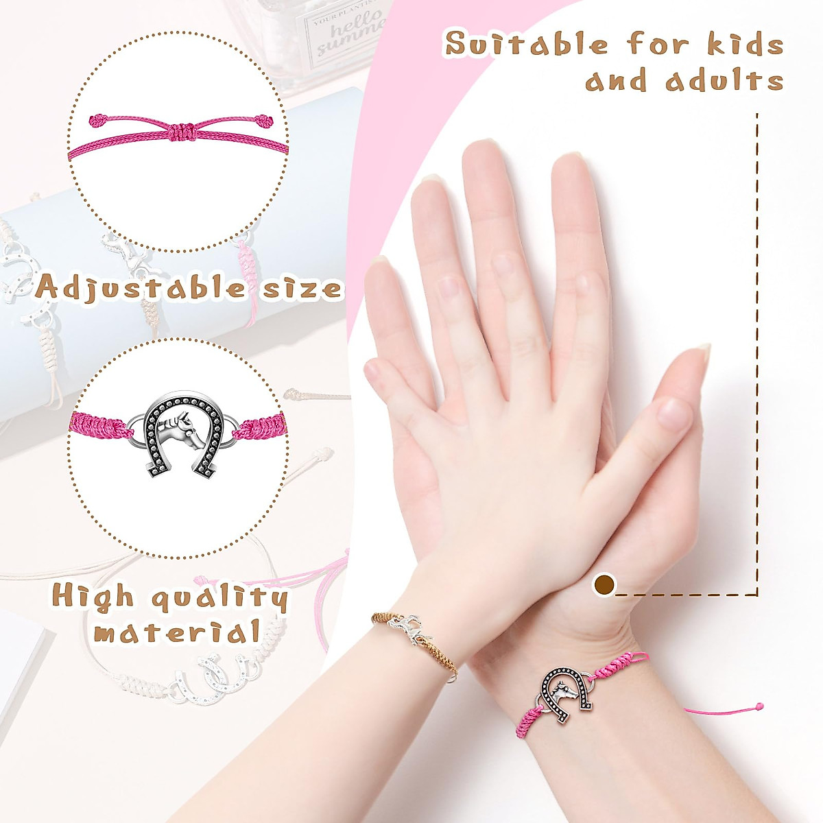 Sureio 48 Pcs Horse Rope Braided Bracelet Gifts Bulk Horse Goodie Party Favors Western Cowgirl Cowboy Adjustable Wedding Bridal Shower Bracelets for Women (Rose Red, Light Brown, Dark Brown)