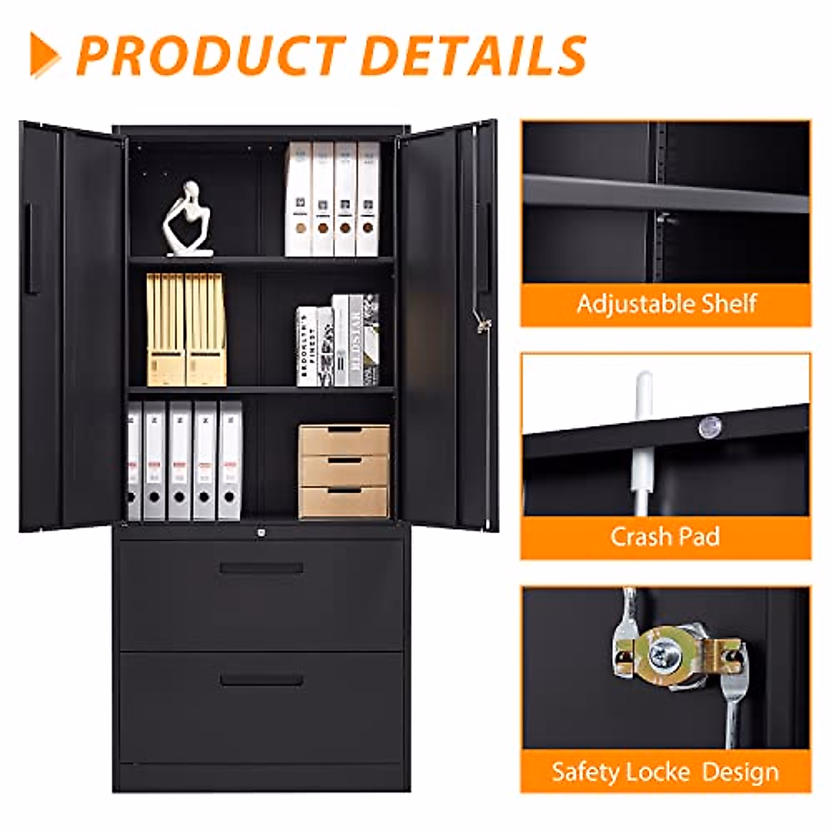 Anxxsu Metal File Cabinet 2 Drawers, Lateral File Cabinets Home Office, Storage Cabinet Adjustable Shelves, Locking File Cabinet Letter/Legal/A4 Size Files (Assemble Required) MSC-0815 Black-style B