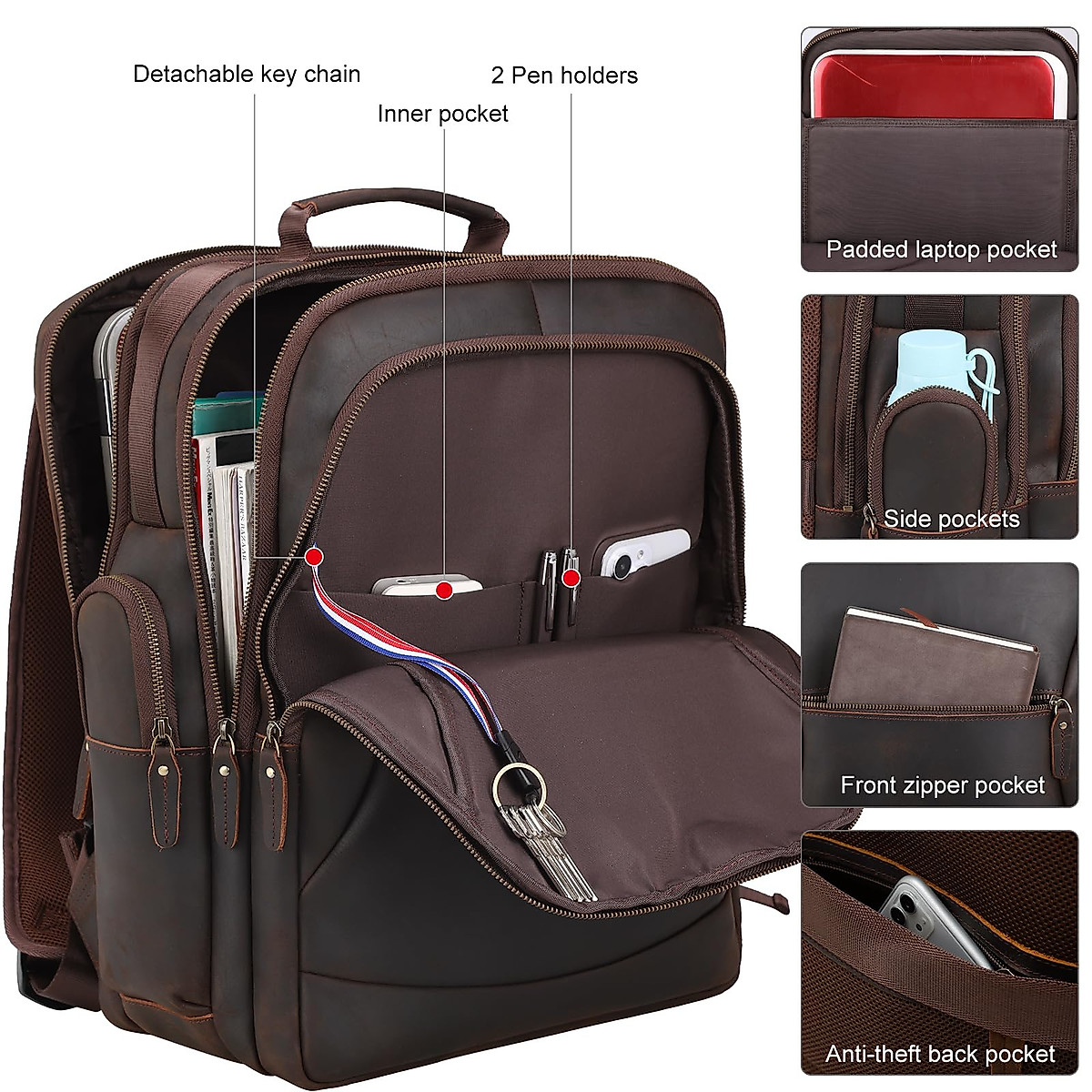 TIDING Vintage Full Grain Leather 17.3 Inch Laptop Backpack Large Camping Travel Weekender Daypack For Men 31.9L