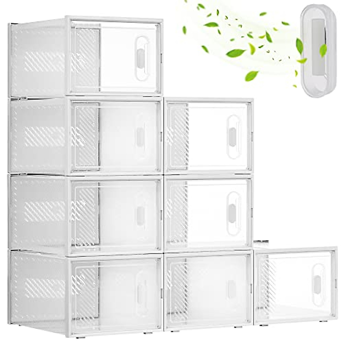 ANWBROAD XL Shoe Organizer Boxes with Aromatherapy Stick, Clear Shoe Boxes Stackable, Sneaker Storage Fit to US Size 14, Plastic Shoe Storage Containers Bins (14.17”x11.02”x8.27”)8 Pack