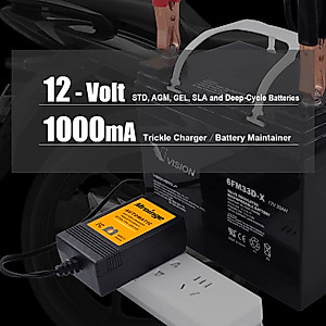Trickle Charger 12V 1000mA Smart Battery Charger & Maintainer and Automatic Float Charger for Motorcycle, ATV, Lawnmowers and More