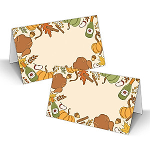 Fall Thanksgiving Table Place Cards, Orange Pumpkin Blank Seating Place Card for Table, 25 Pack Buffet Food Tent Labels, Double Design Name Cards, Thanksgiving Day Party Decorations(05)