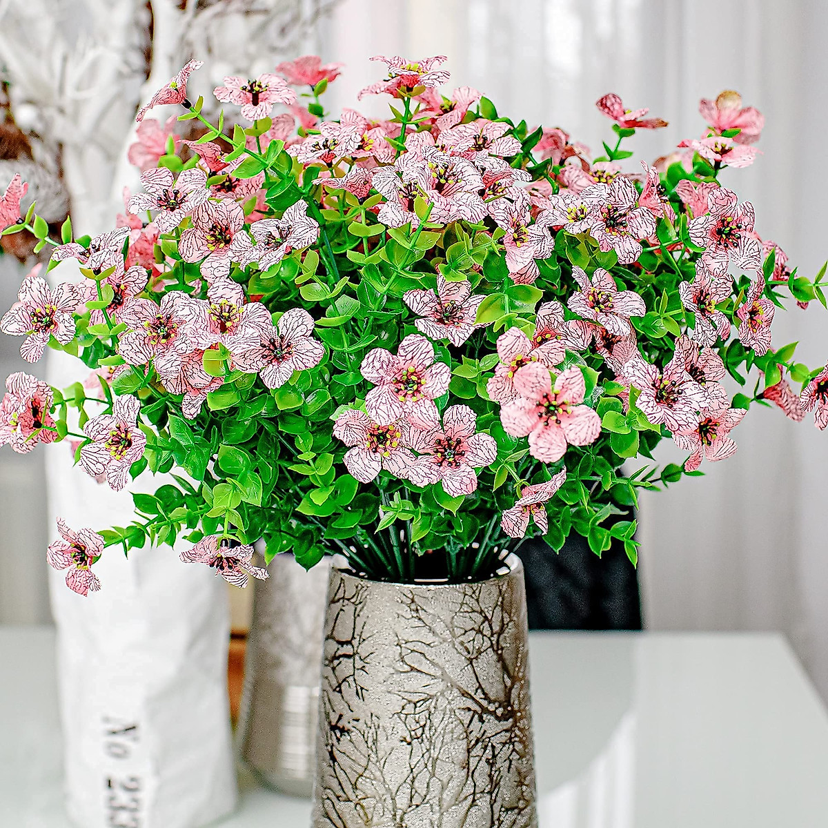 AXYLEX Artificial Flowers for Outdoors Fake Plants - 16 Bundles Faux Outside Greenery Boxwood No Fade Plastic Shrubs Fall Decor Farmhouse Home Garden Thanksgiving Mums (Pink)