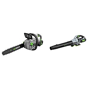 EGO Power+ 16-Inch 56-Volt Lithium-ion Cordless Chainsaw - 5.0Ah Battery and Charger Included, Black & CFM Variable-Speed 56-Volt Lithium-ion Cordless Leaf Blower 5.0Ah Battery and Charger Included