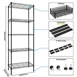 AMZOOM 5-Tier Steel Wire Shelving Unit, Adjustable Metal Shelves, Stainless Steel Storage Rack with Hooks and Leveling Feet, Suitable for Living Room Bathroom Garage Kitchen Pantry (Black)
