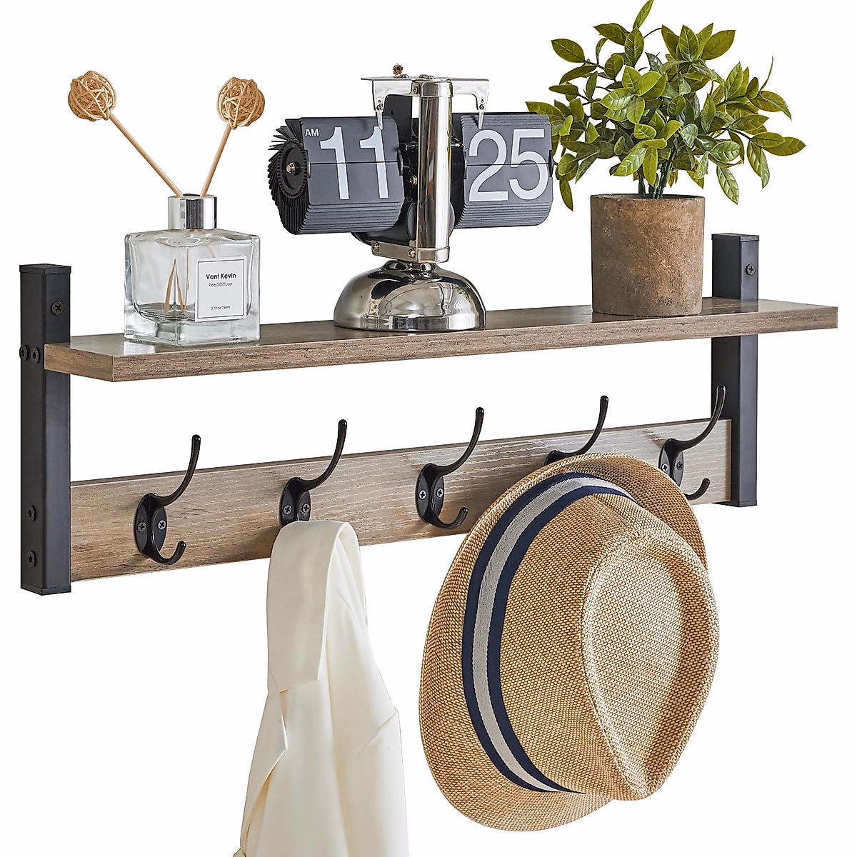 YMYNY Coat Rack Shelf Wall Mounted, Coat Hooks with Storage, Wall Floating Shelf with 5 Metal Hooks, 23.6" Entryway Floating Shelf for Kitchen, Bedroom, Bathroom, Silver Gray UHWS004Y