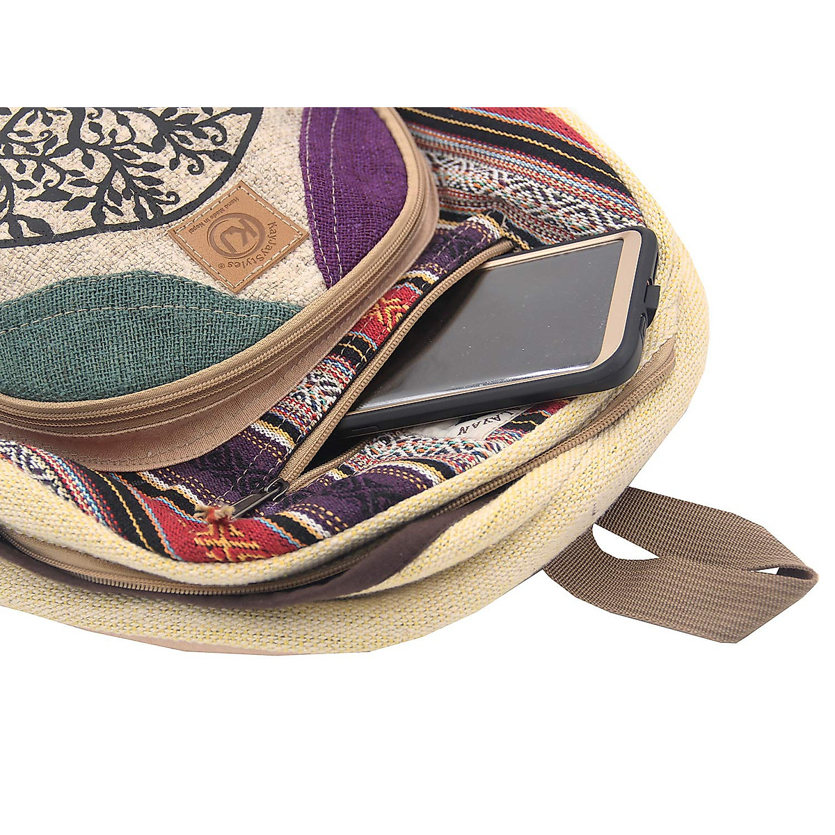 KayJayStyles Bohemian Handmade & Print Large Multi Pocket Hemp Rucksack Backpack (Tree Of Life)