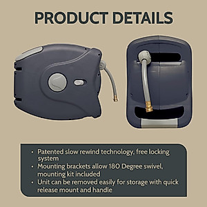 Sunneday 100ft Retractable Hose Reel 5/8 | Automatic Retractable Hose Reel w/Wall Mount | Easy to Assemble Water Hose Reel w/Flexible Swivel Mount | Retractable Garden Hose Reel (100ft. Charcoal)