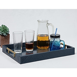 Serving Tray with Polished Metal Handles, 16.5''x12'' Rectangle Coffee Table Tray, Modern Decorative Tray, Large Ottoman Tray, Perfect for Storage and Display (Blue)