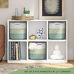 Eco Living Recycled Cotton Rope Basket - Multi-Purpose Woven Closet Storage Bins - Medium 11 X 11 X 11 Inches - Nursery & Kids Room Organizer - Fits 12X12” Cube Shelves - Set of 3 - White & Green