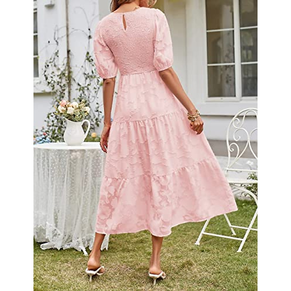 MEROKEETY Summer Dress for Women Elegant Smocked Short Puff Sleeve Floral Solid Midi Maxi Dresses,Pink,S