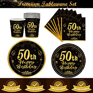 Lousuip 120Pcs 50th Birthday Party Supplies Plates Napkins Cups Forks Tableware Set Gold Black Happy 50th Birthday Themed Disposable Tableware Decoration Serves 24 Guests for Women and Men