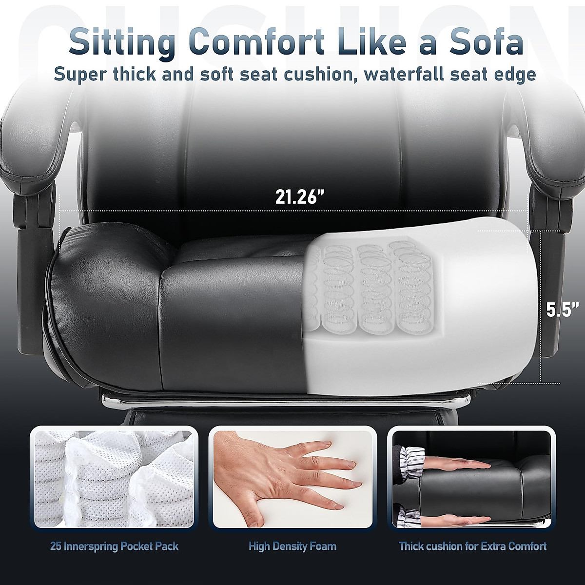 Office Chair with Footrest-Ergonomic Computer Chair with Extra Lumbar Support Pillow, High Back Executive Desk Chair Thick Bonded Leather, Large Home Office Work Chair with Wide Seat for Comfort-Black