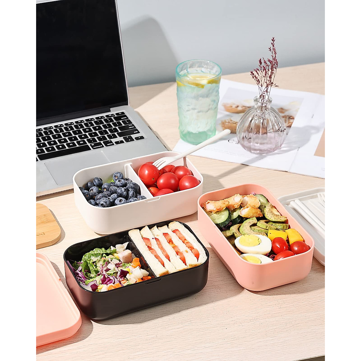 invvni Bento Box Lunch Box Containers for Adults Kids - Natural Bamboo Lid, Cutlery & Chopsticks, Microwave Safe, Dishwasher Safe, Bpa Free, Leakproof, Gifts for Women, Small