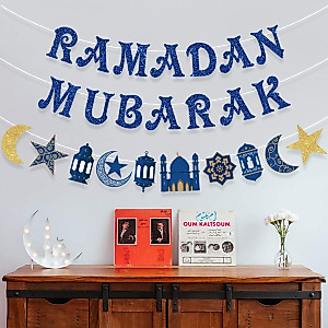 Blue Glitter Ramadan Mubarak Banner Eid Mubarak Decoration, Muslim Islamic Party Decoration, Ramadan Decorations for Home Ramadan Kareem Party Supplies Star and Moon Garland Product Name