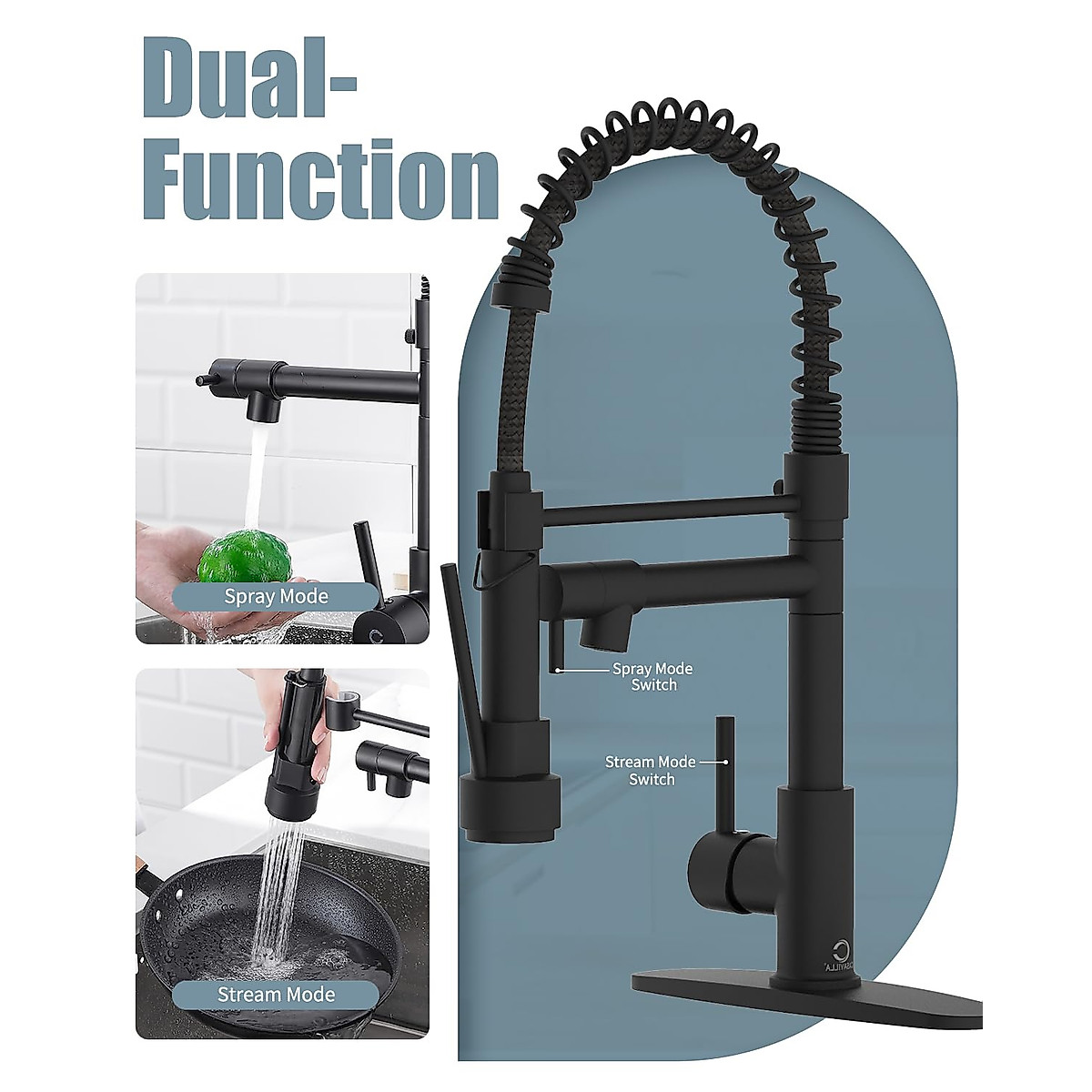 Casavilla Kitchen Faucet with Soap Dispenser, Single Handle Spring Kitchen Sink Faucets with Pull Down Sprayer and Deck Plate,Black Faucet for Camper Farmhouse RV Kitchen Sink,Dual Function Spray Head