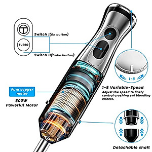 FKN Immersion Blender Handheld with 4 Interchangeable Blades,8 in 1 Hand Blender Electric with 500W Motor,8 Speed and Turbo Mode Handheld Blender Stick with 500ml Chopper,Mixing Beaker, and Whisk