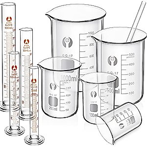 Feekoon 10 Pieces Glass Measuring Beaker and Graduated Measuring Cylinder with Stirring Rod 50/100/ 250/500/ 1000 ml Thick Glass Beakers and 5/10/ 50/100 ml Graduated Cylinders for Science Lab